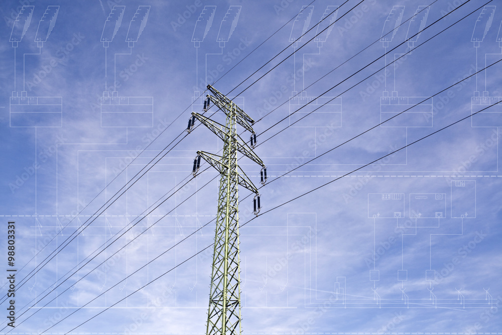 Power line with single line diagram overlay Stock Photo | Adobe Stock