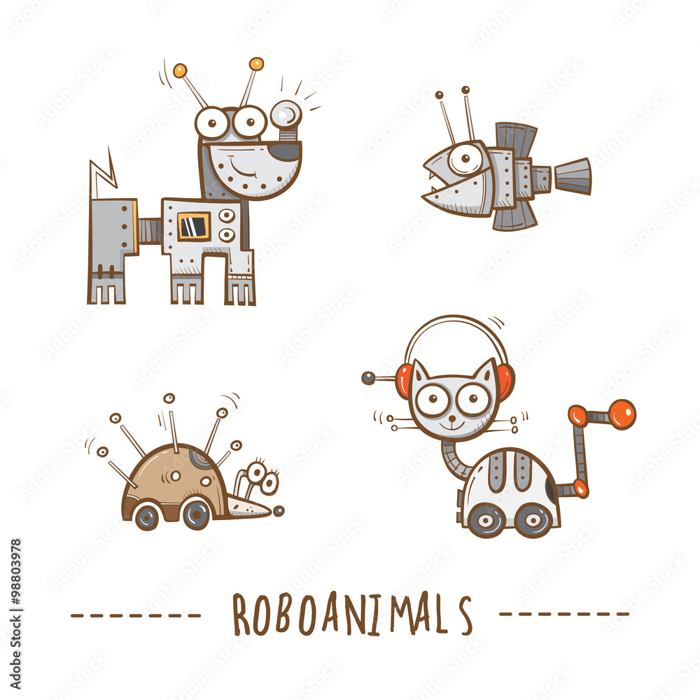 Cartoon robots animals set. Vector image. Doodle stile. Stock Vector ...