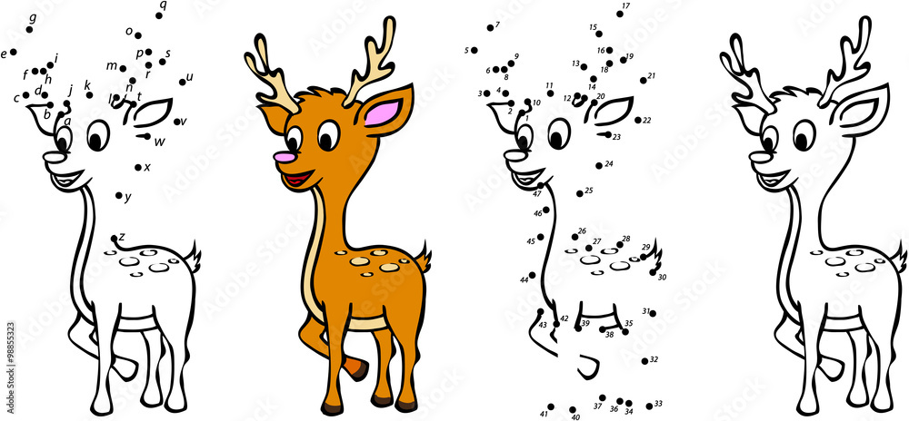 Cartoon deer. Vector illustration. Coloring and dot to dot game Stock ...