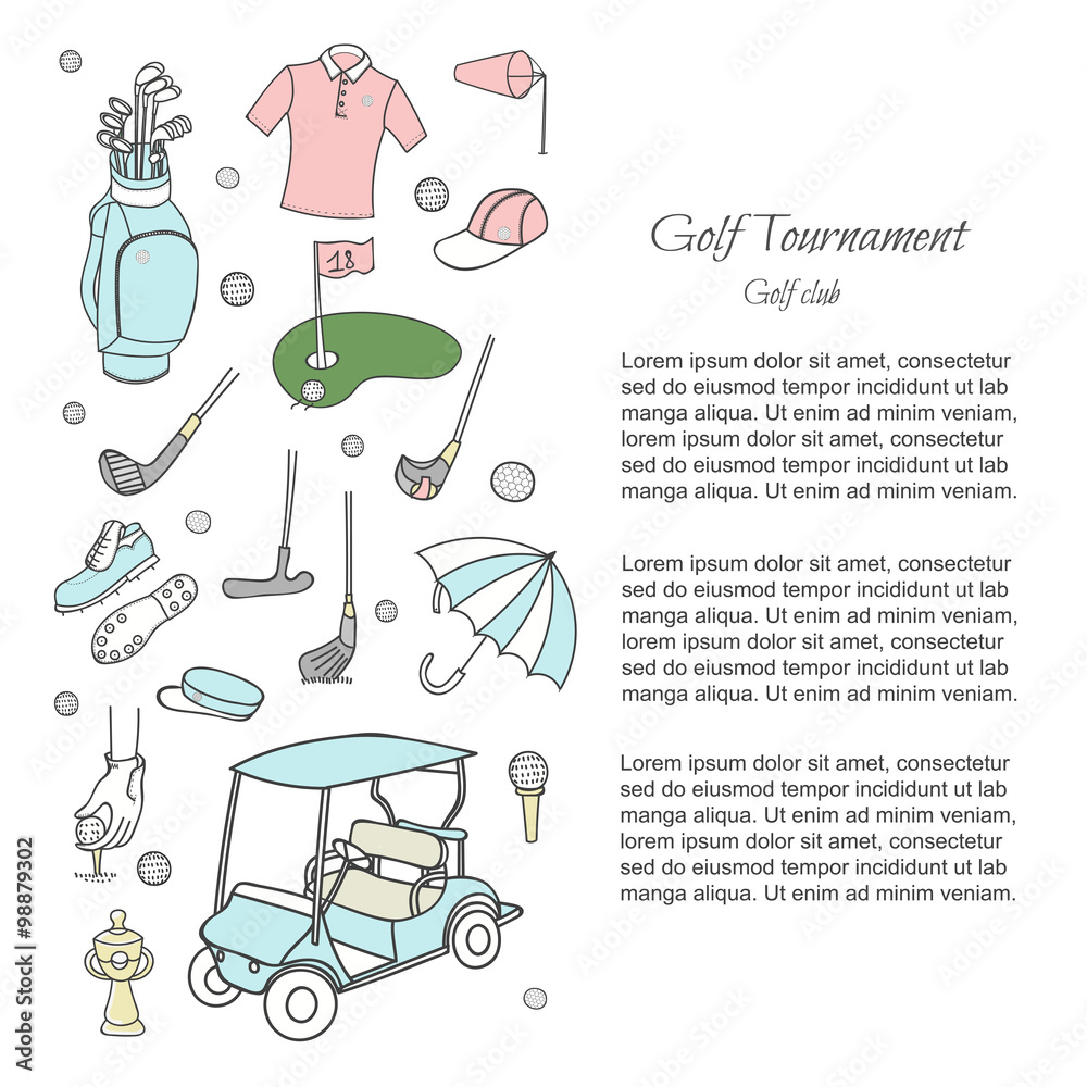 Hand drawn doodle Golf set collection Vector illustration for golfing ...