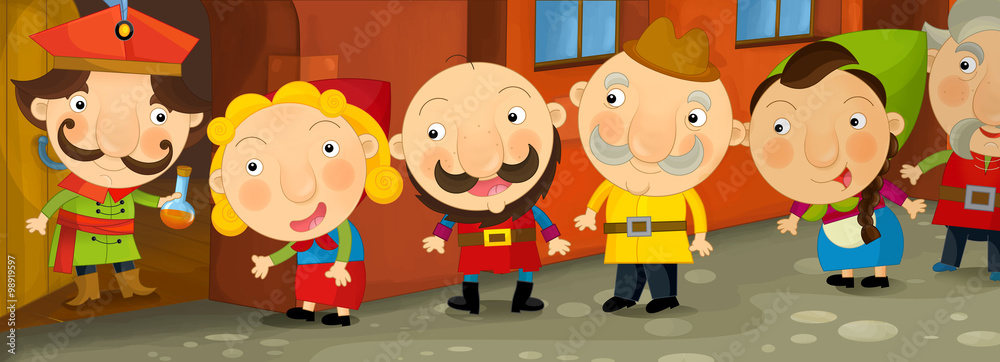 Cartoon scene - crowd in front of the nobleman standing outside his ...