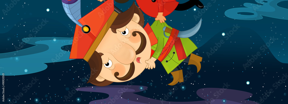 Cartoon scene - nobleman is flying with the devil on the night sky ...