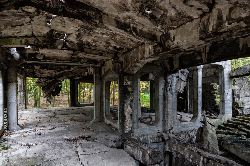 Image of the interior old destroyed military barracks after war. Stock ...