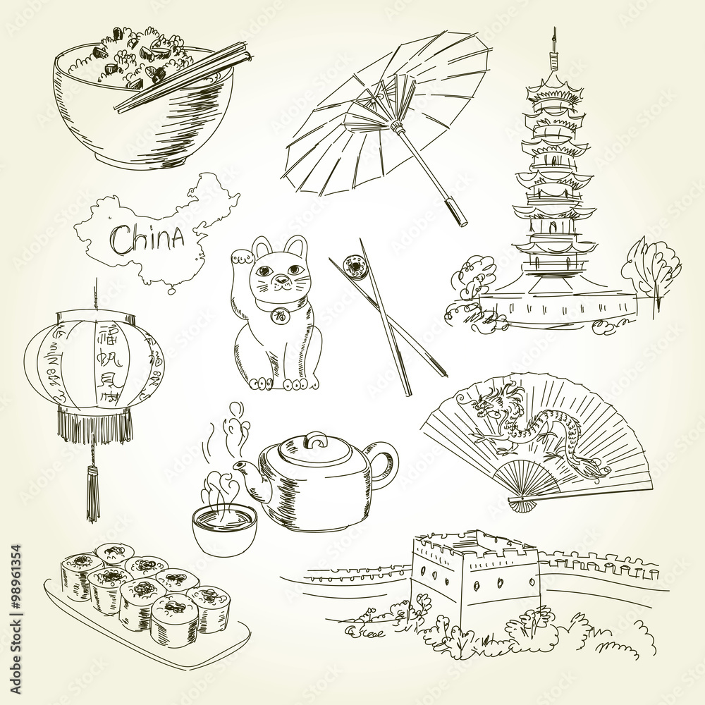 Freehand drawing China items on a sheet of exercise book. Longhua ...