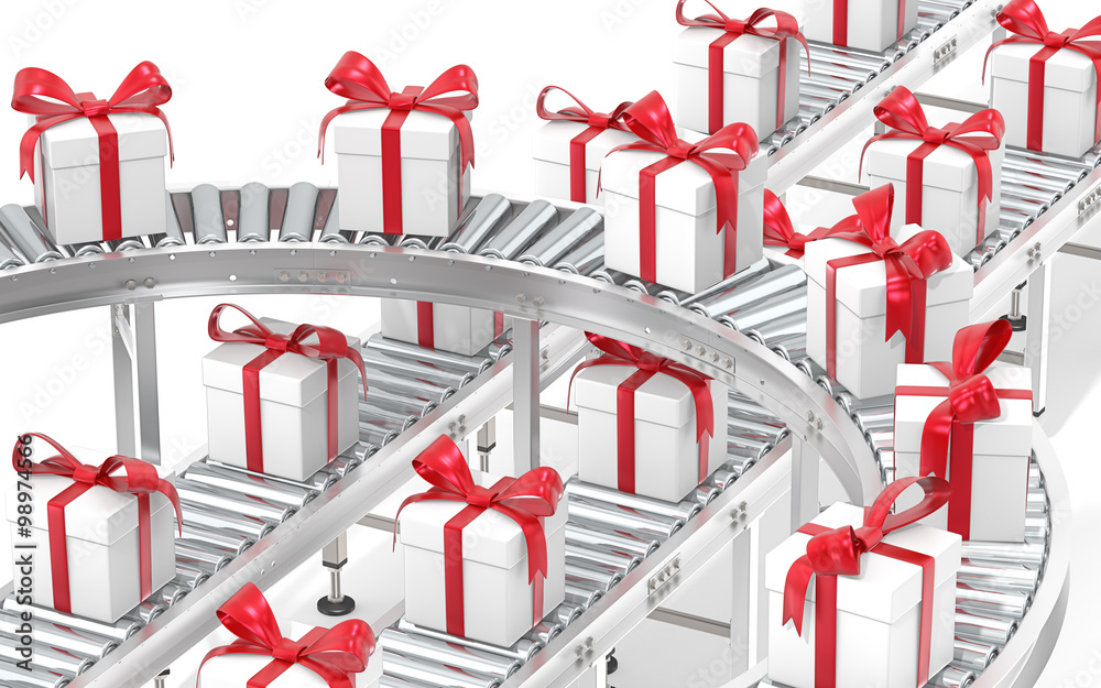 Gift box distribution. Industrial Roller Conveyor System. Steel ...