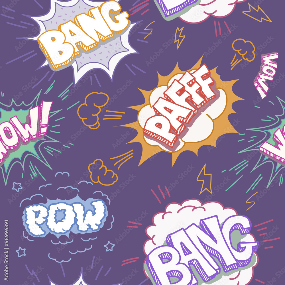 Seamless Comic Book Explosion, Bombs And Blast Set. bubbles for speech, different sounds and ...