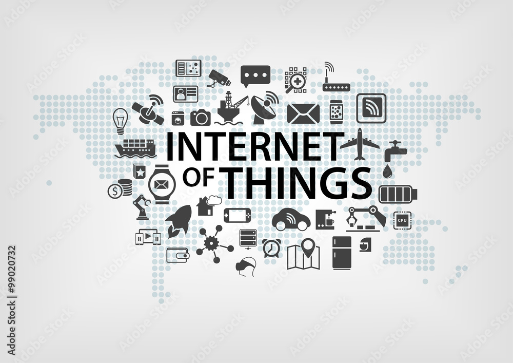 Internet of things (IOT) concept with world map and connected devices ...