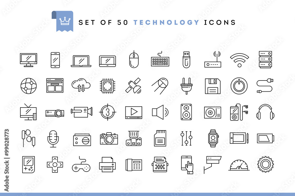 Set of 50 technology icons, thin line style Stock Vector | Adobe Stock