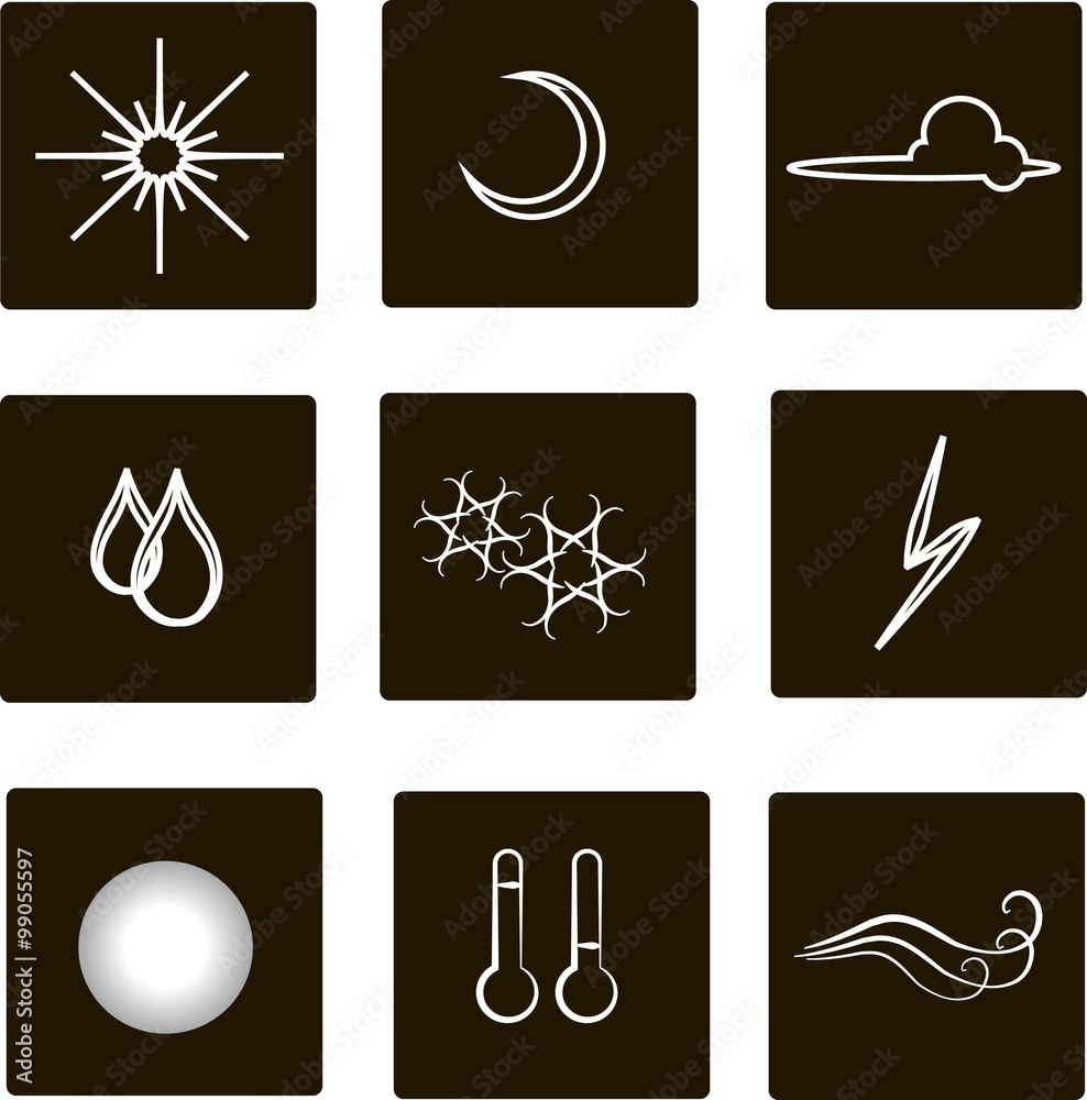 Weather flat square icons. White outlines, clouds, fog, moon, sun, rain ...