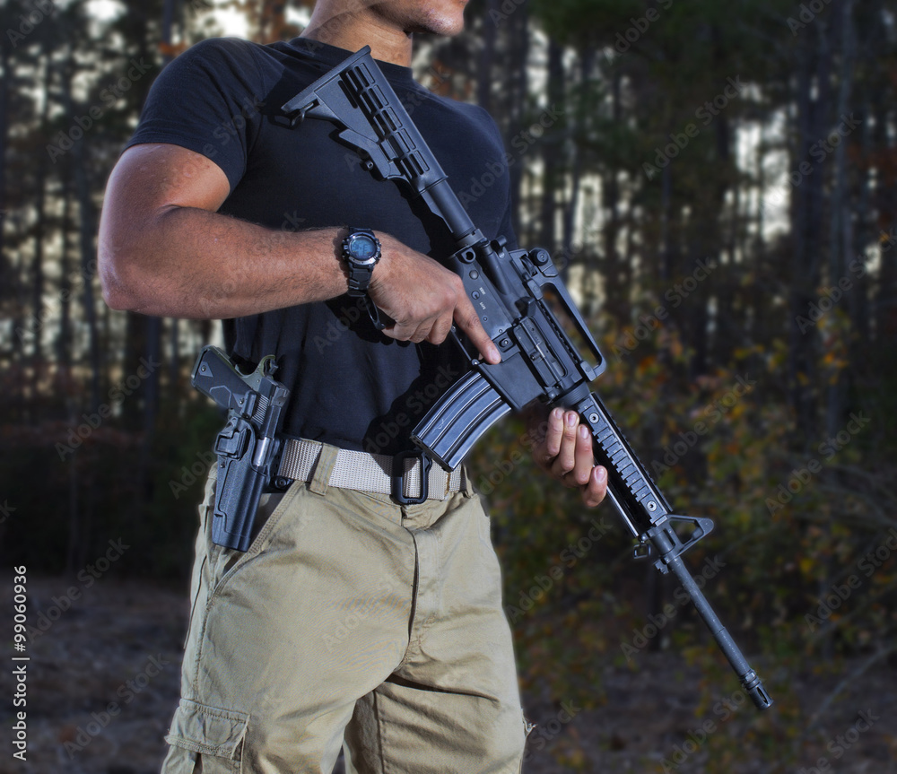 Guard duty outdoors for one militia member with an AR-15 and semi-auto ...
