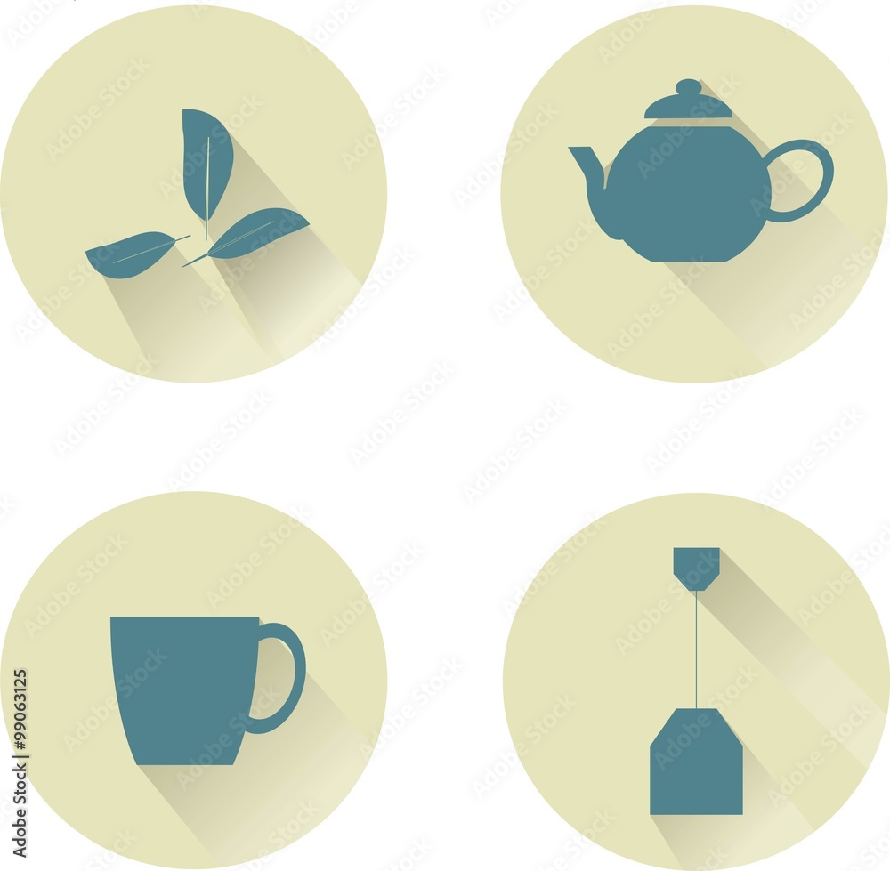 Tea round icon, blue icons with shadow on beige background, teapot, tea bag, tea leaves, cup ...