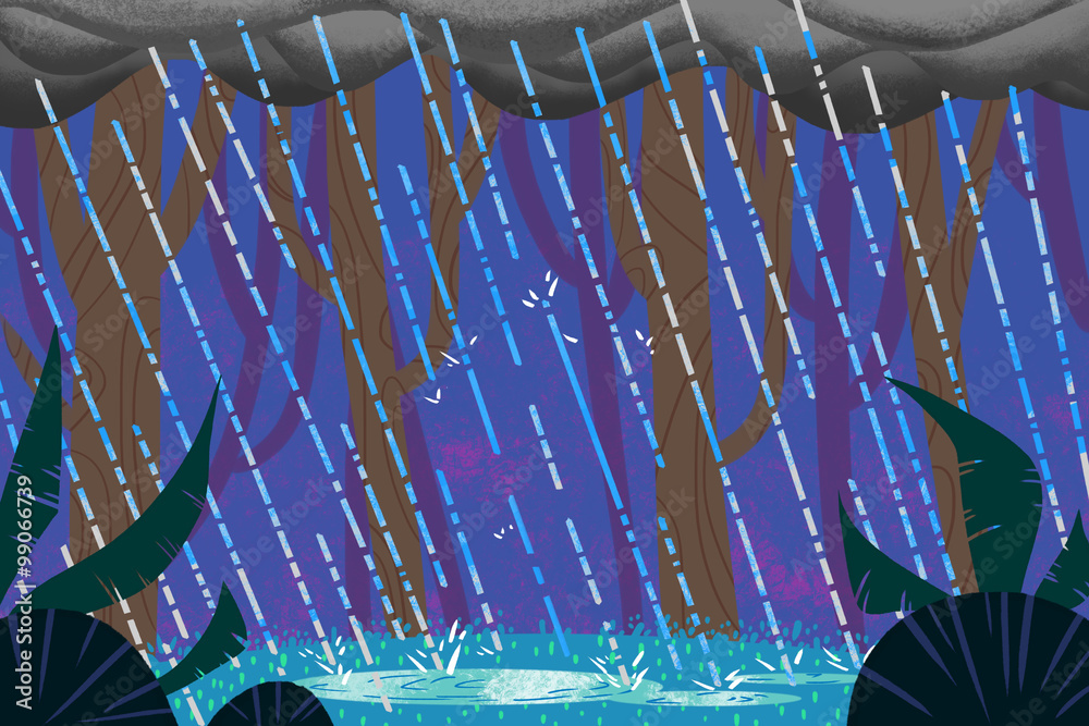 Illustration: Rainy Night in the Forest. Realistic Fantastic Cartoon ...