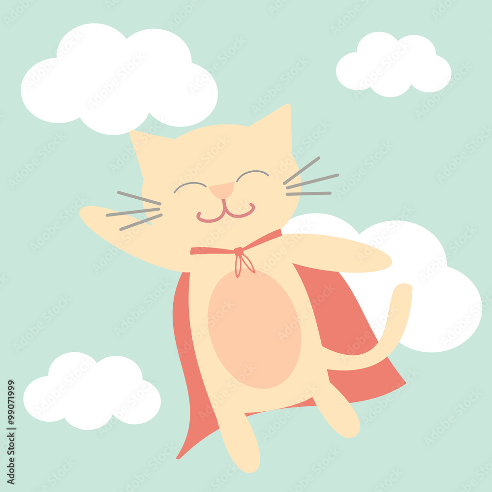 super cat hero flying in the sky funny vector cartoon illustration ...