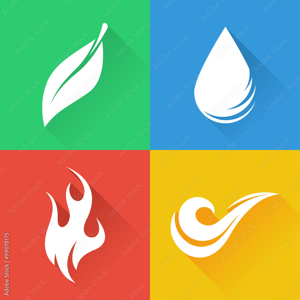 Four natural elements icon designs - Earth, Water, Air (Wind) and Fire ...