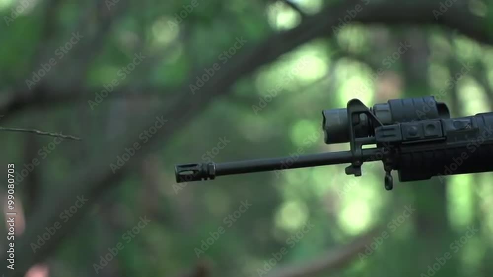Muzzle of an AR-15 assault rifle firing in woodland. Muzzle flashes ...