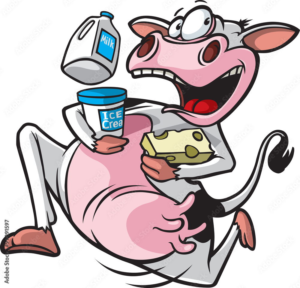 Running Cow Cartoon of a cow running with milk, ice cream and cheese ...