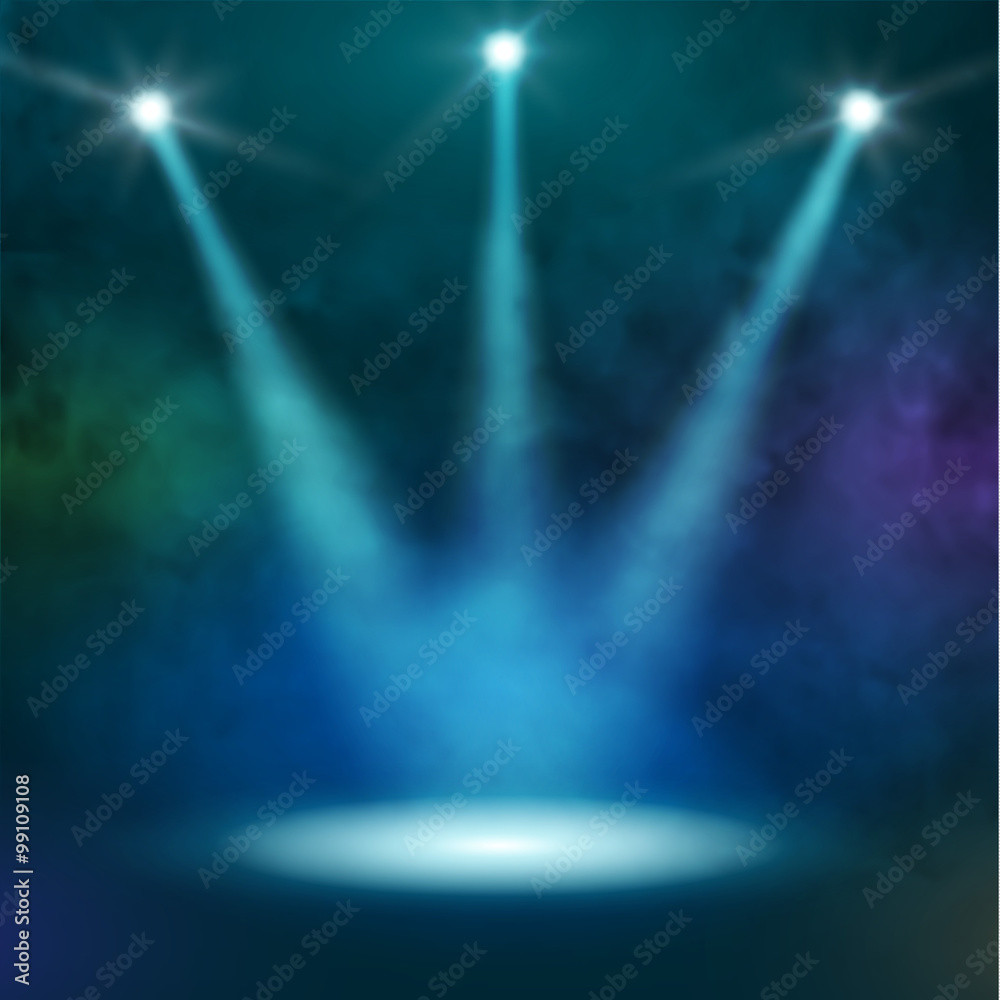 Premiere Blue Show background sparkles. Smoky vector stage shining with ...