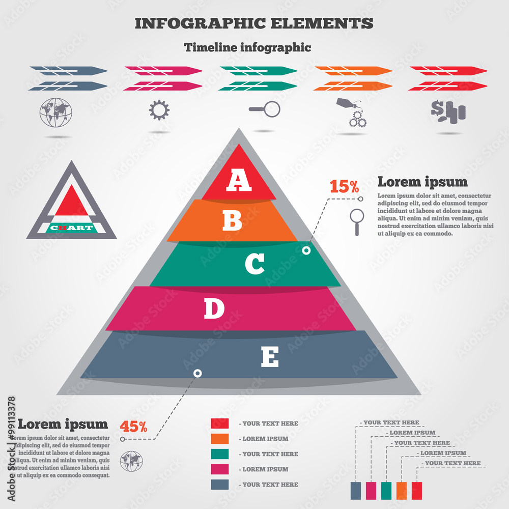 Infographics elements. Pyramid chart, timeline diagram and icons ...