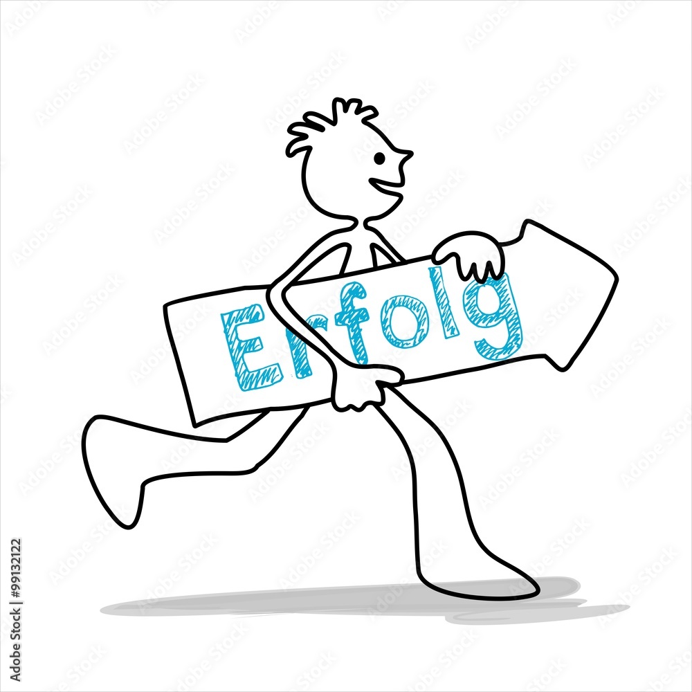 Erfolg Strichmännchen mit großem Pfeil und Beschriftung rennt zum Ziel ...