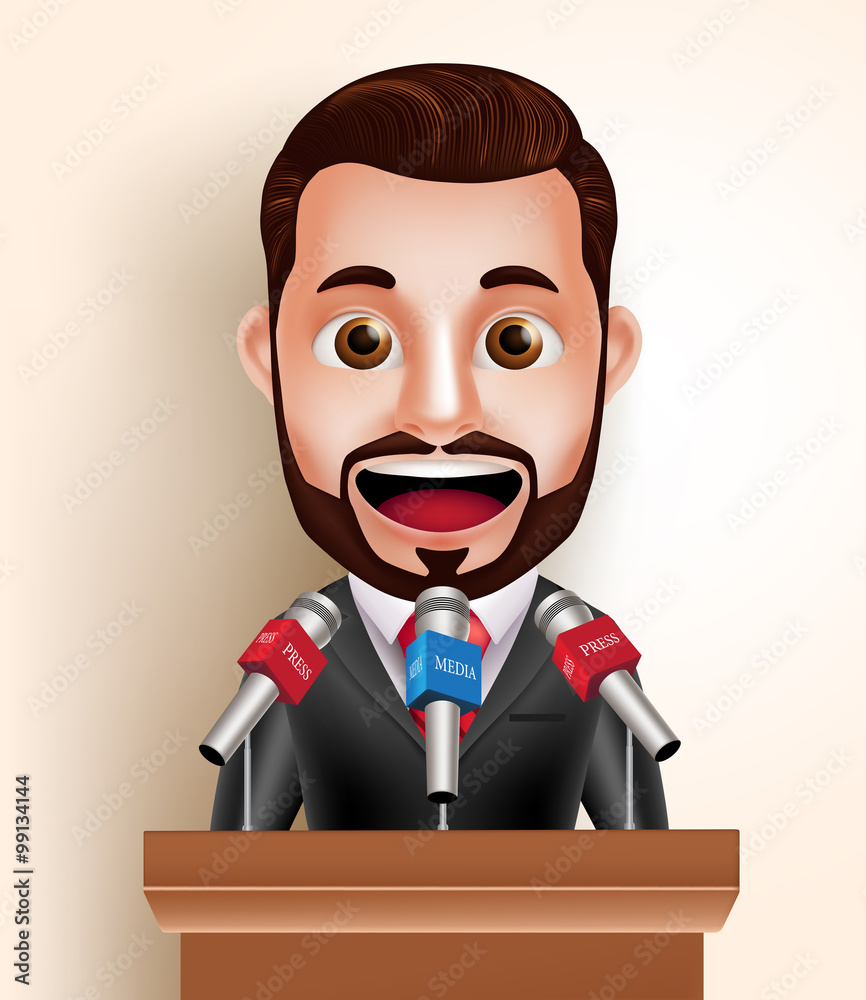 3D Vector Character Happy Politician Man or Speaker with Media Press ...