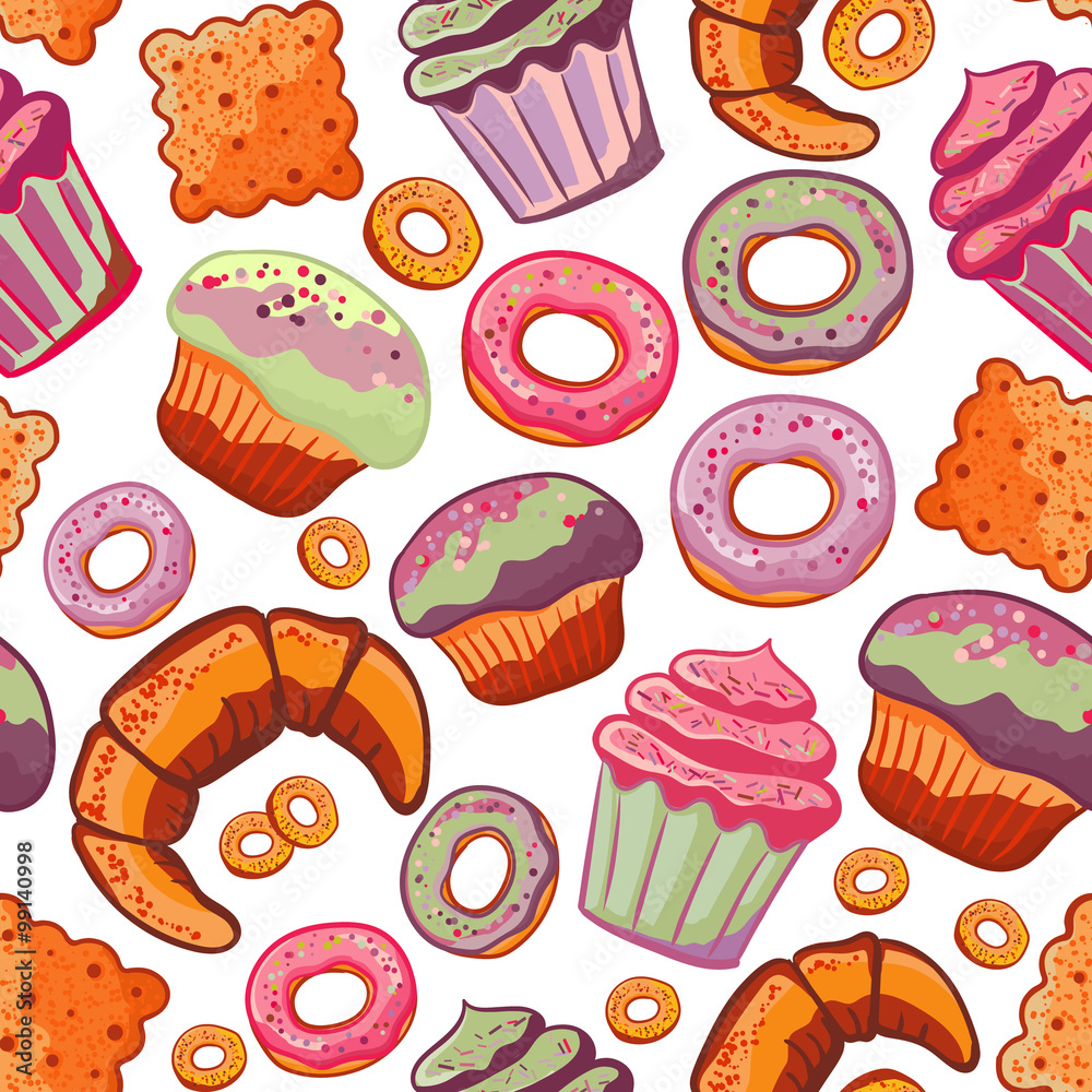 Vector food bakery seamless pattern with baked goods. Flour products ...