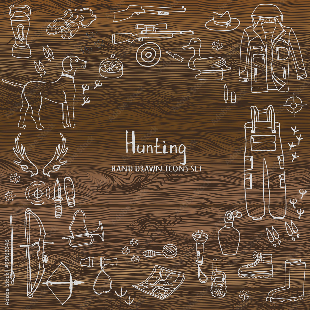 Hand drawn doodle hunting set wood texture, Vector illustration ...