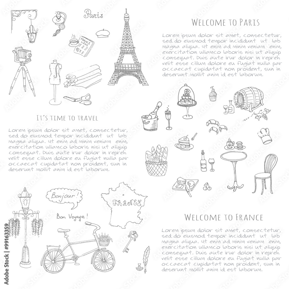 Set of hand drawn French icons, Paris sketch illustration, doodle ...