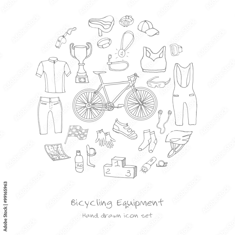 Bicycle equipment hand drawn set, doodle vector illustration of various ...