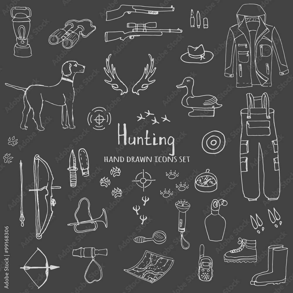 Hand drawn doodle hunting set wood texture, Vector illustration ...