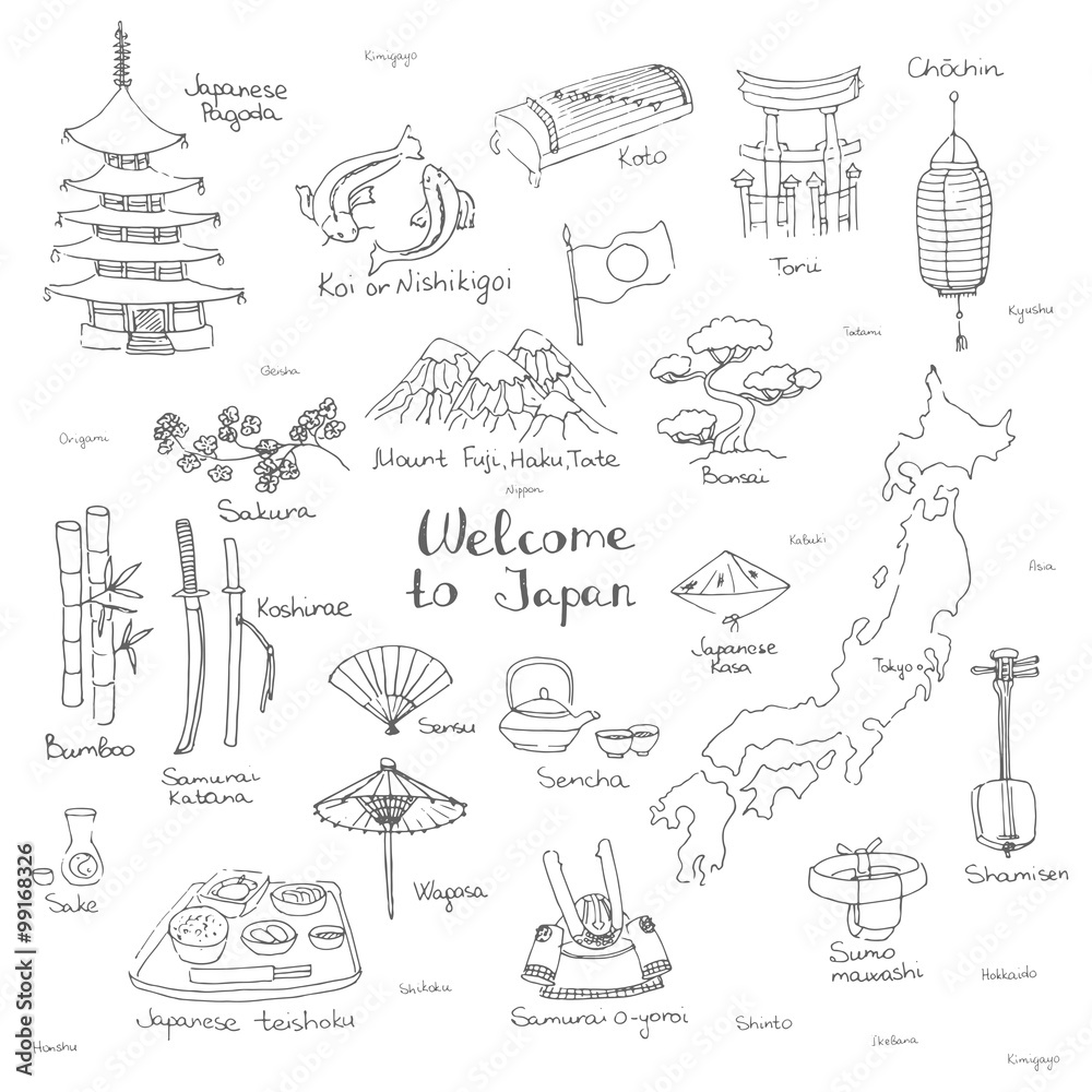 Hand drawn doodle Welcome to Japan set. Vector illustration. Sketchy ...