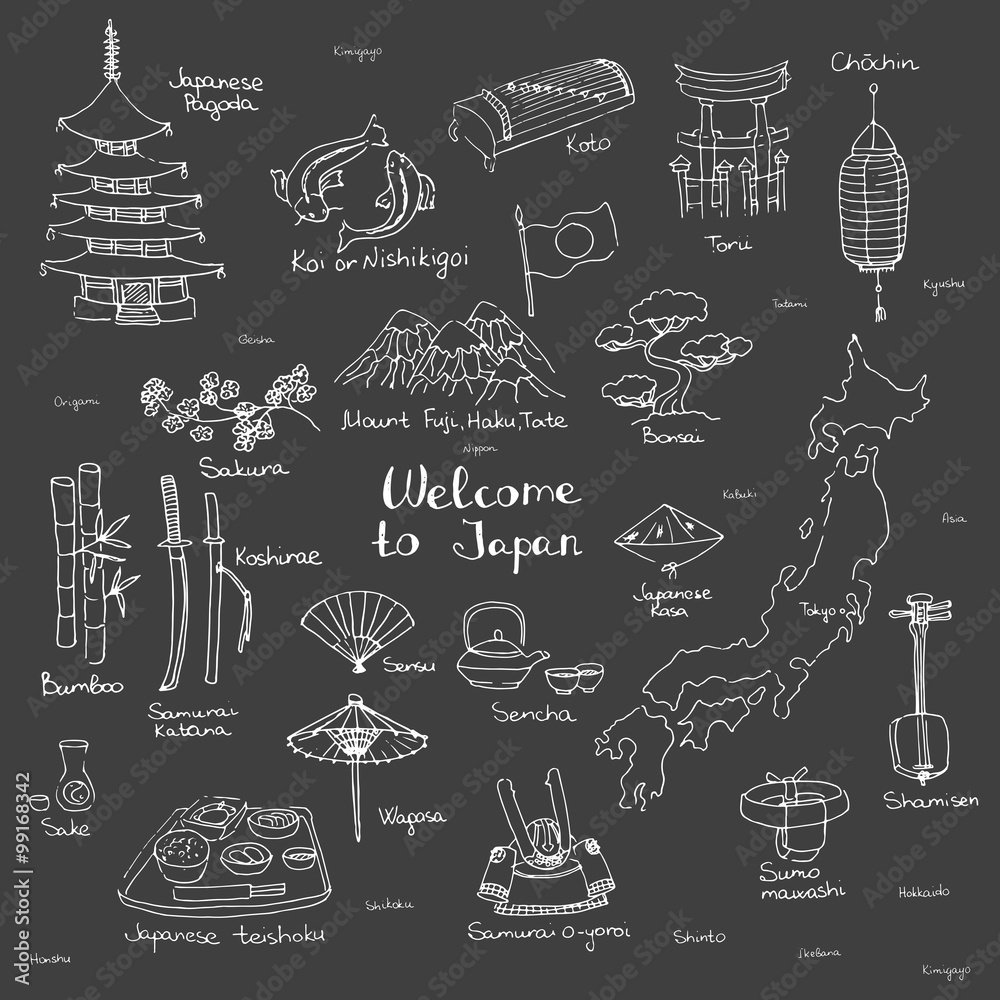 Hand drawn doodle Welcome to Japan set. Vector illustration. Sketchy ...