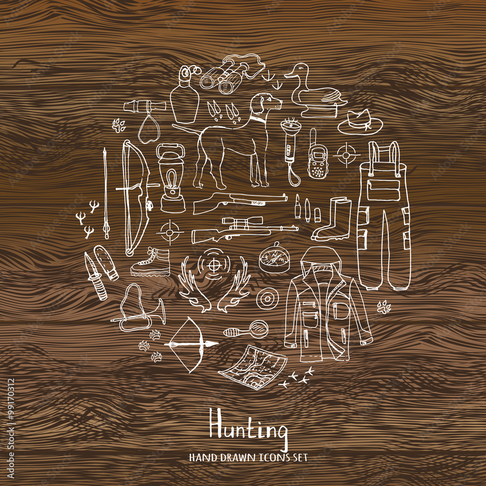 Hand drawn doodle hunting set wood texture, Vector illustration ...