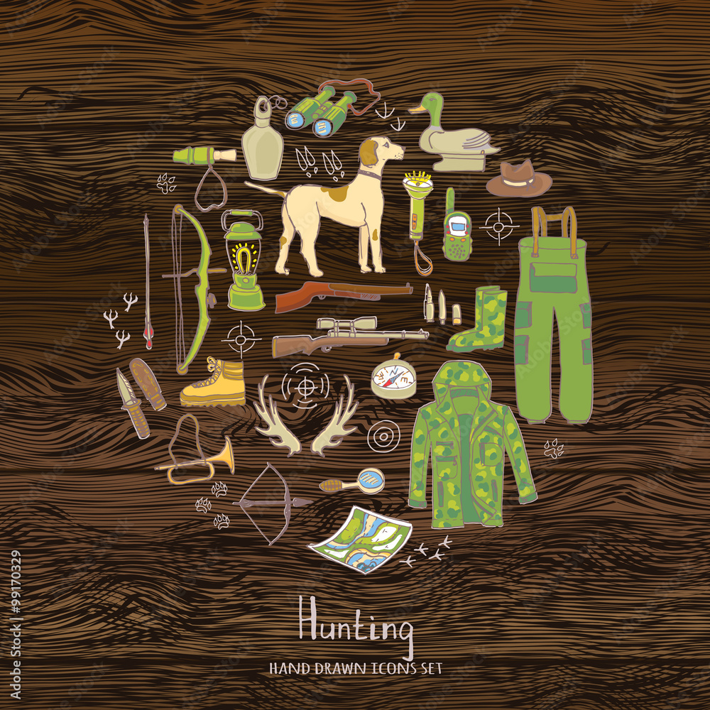 Hand drawn doodle hunting set wood texture, Vector illustration ...