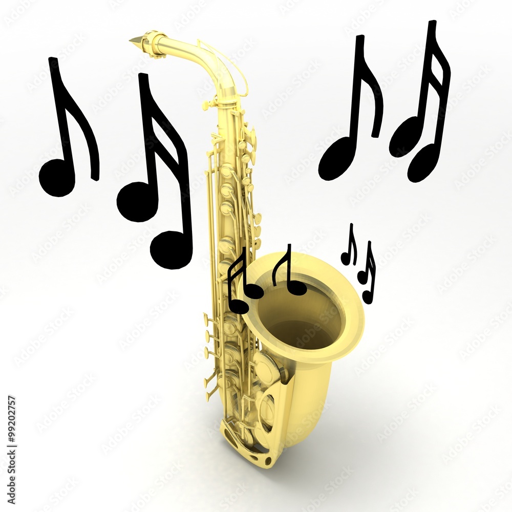 Saxophone with notes isolated on white background. Learn how to play ...