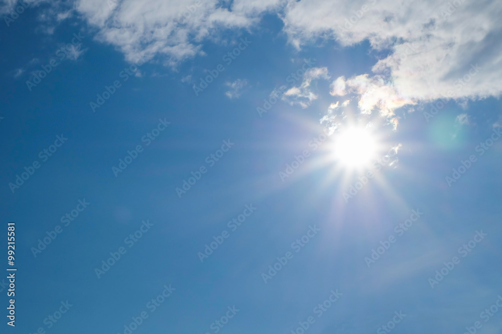 sun on blue sky with cloud, image with flare effect from lens Stock ...