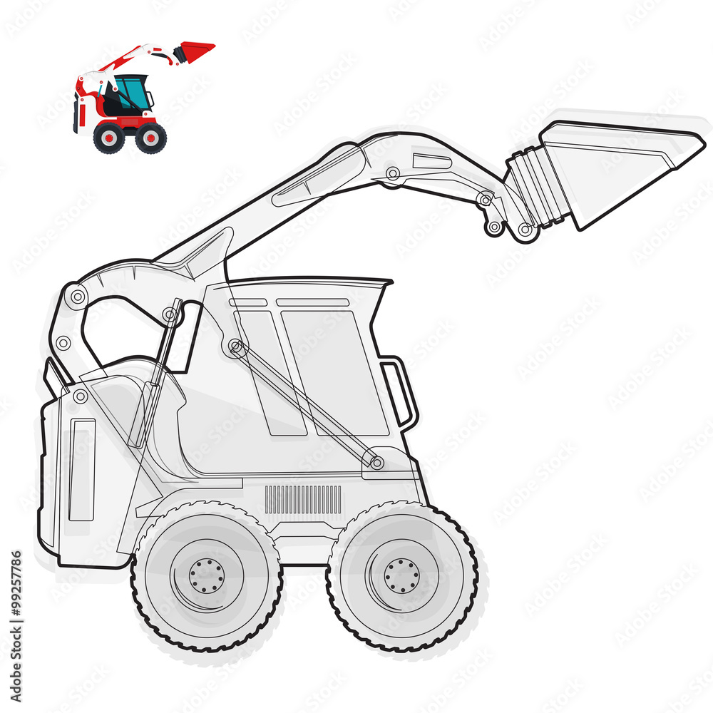 Vetor de Black and white wire small digger builds roads, loads building ...