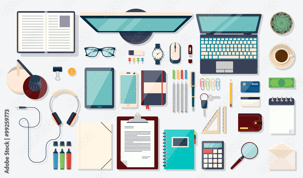 Top view elements. Desk background with laptop, digital devices, office ...
