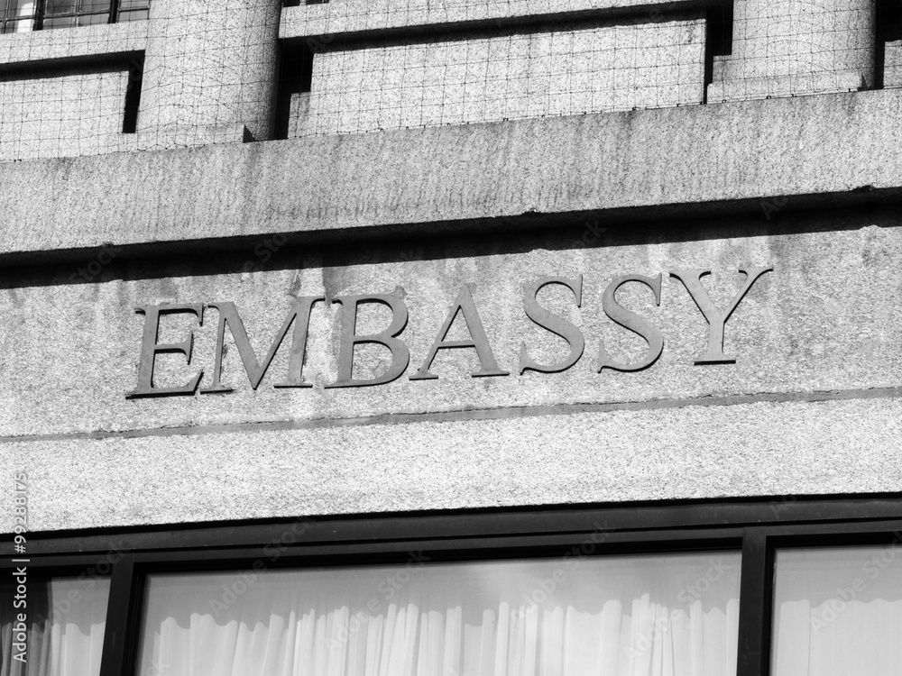 Embassy sign on a modern building entrance 스톡 사진 | Adobe Stock