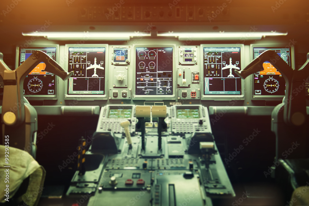 Airplane cockpit of Embraer-175 on a horizontal format Stock Photo ...