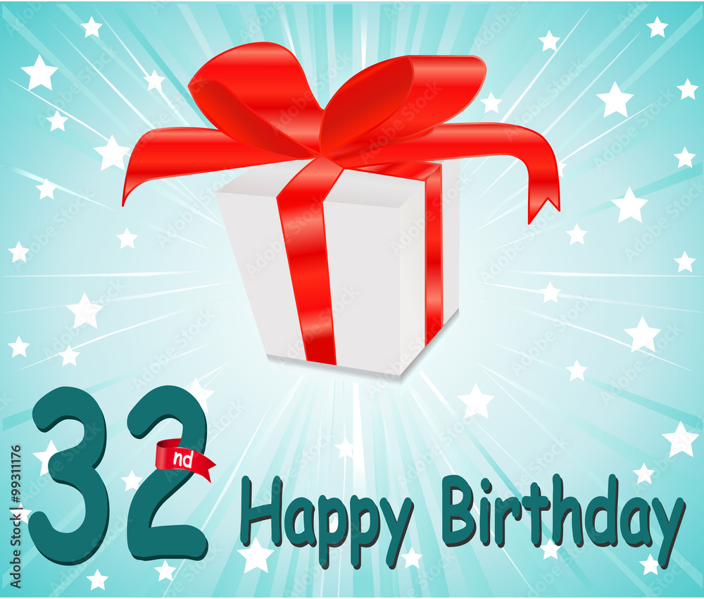 32 year Happy Birthday Card with gift and colorful background in vector ...