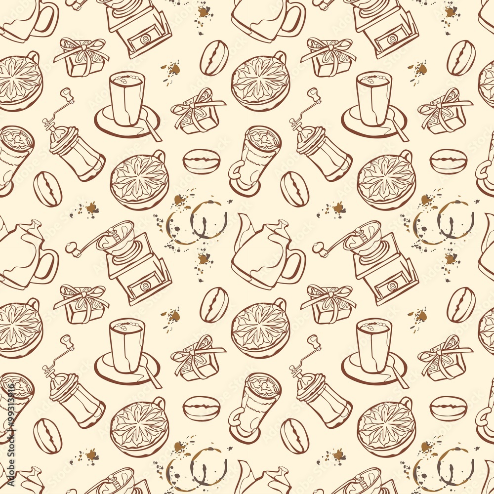 Coffee background. Vector seamless illustration: coffee pot, coffee cup ...