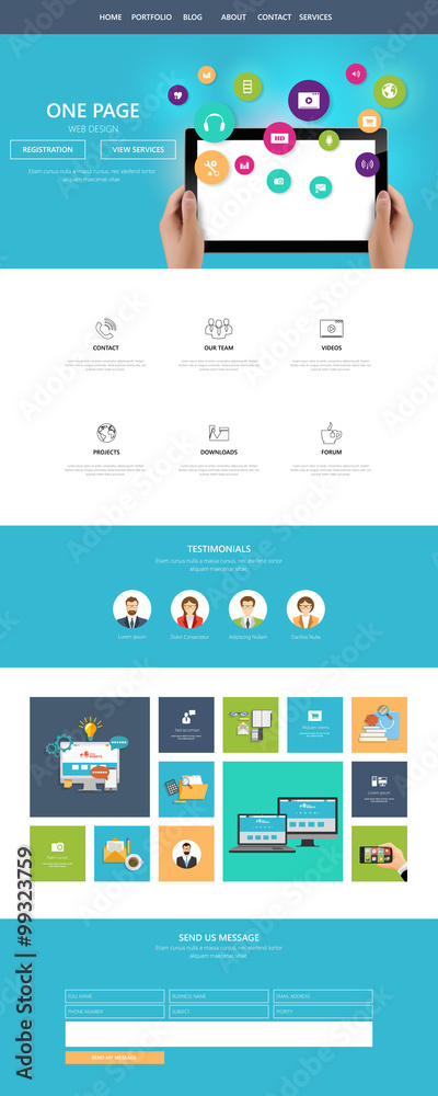 Modern Flat Style One page website design template. All in one set for ...