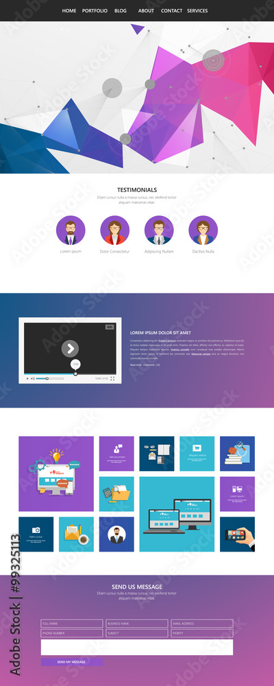 Modern Flat Style One page website design template. All in one set for ...