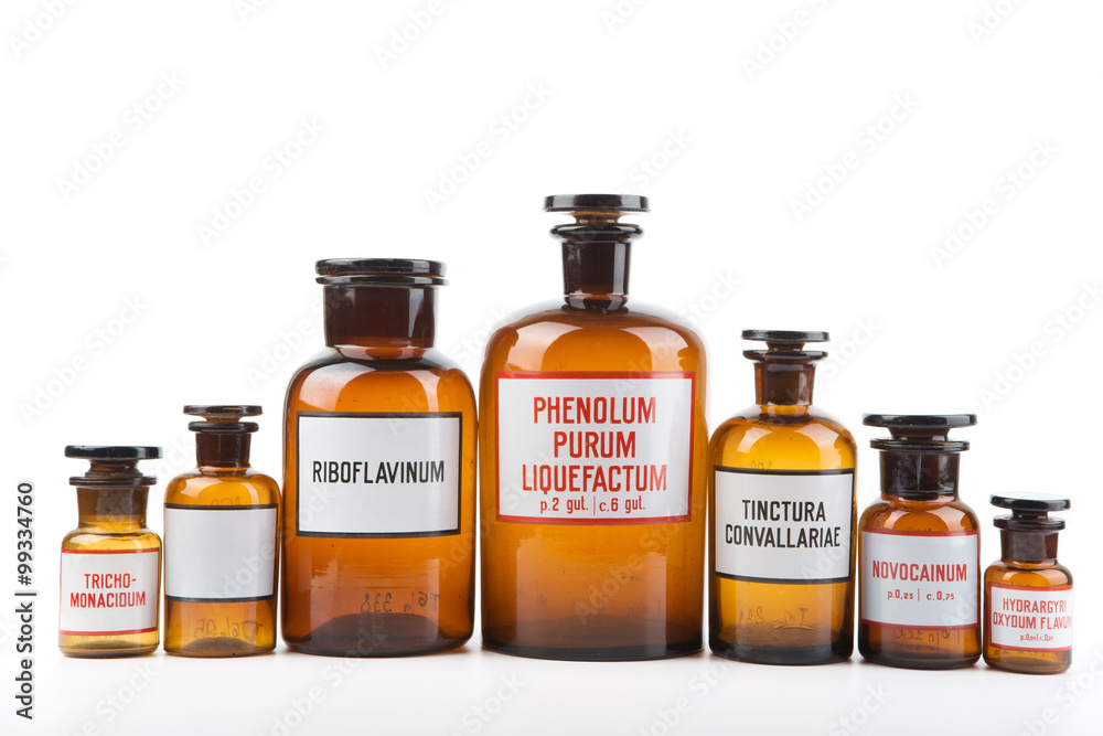 Vintage pharmacy bottles on white background Stock Photo | Adobe Stock