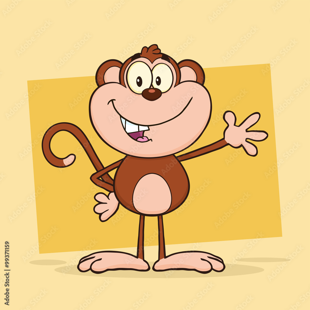 Monkey Cartoon Character Waving For Greeting. Illustration With ...