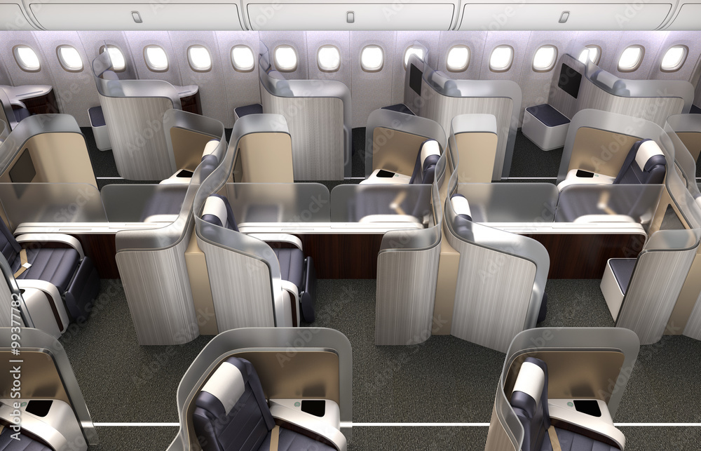 Luxurious business class cabin interior. Each seat divided by frosted ...