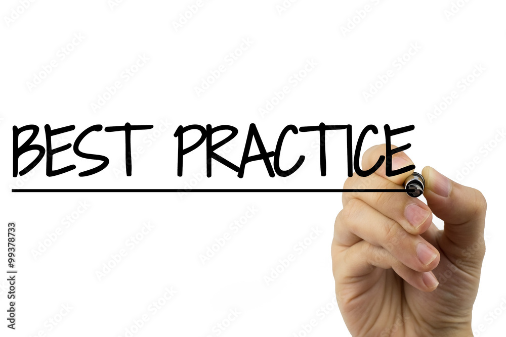 Best Practice - Female hand with pen writing text on white background ...
