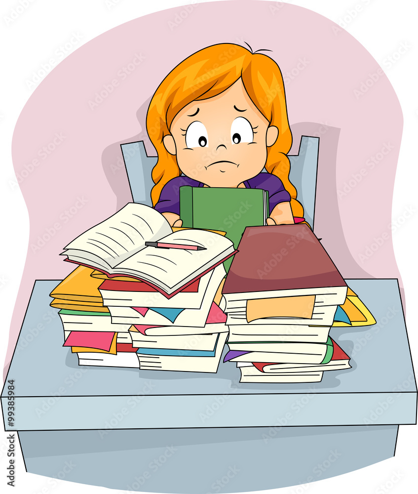 Kid Girl Sad Piled Homework Stressed Stock Vector | Adobe Stock
