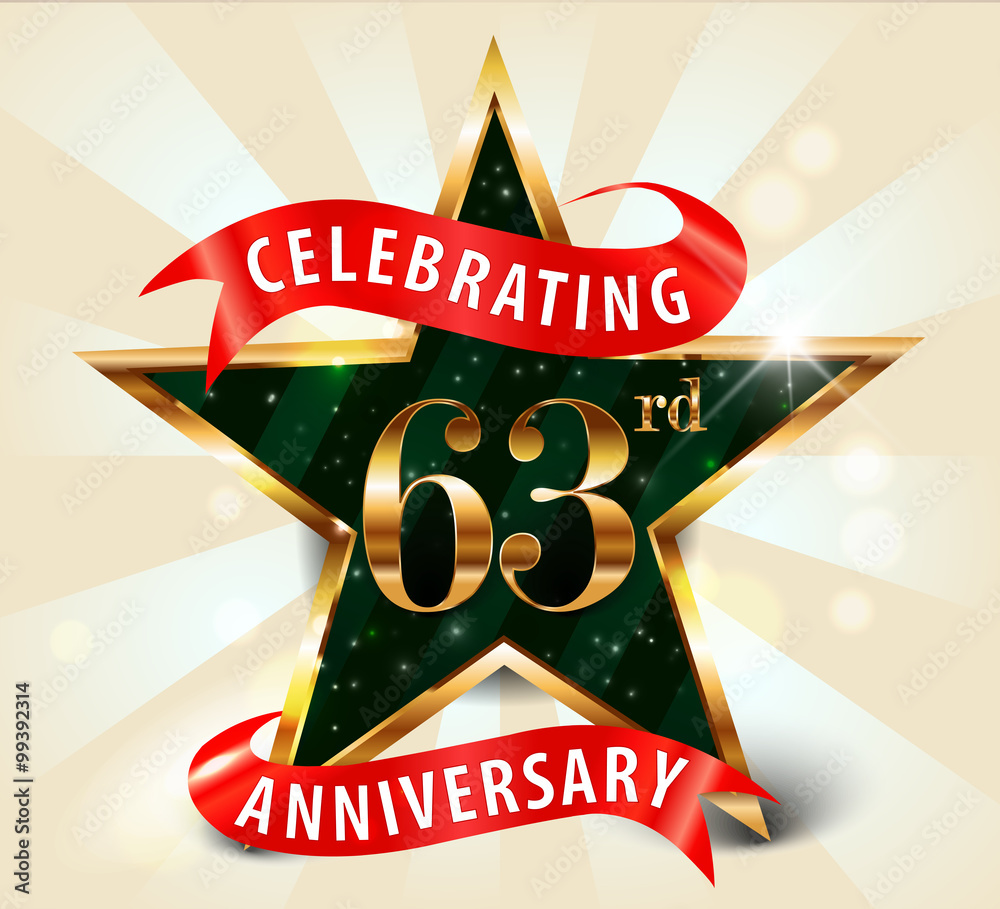 63 year anniversary celebration golden star ribbon, celebrating 63rd ...