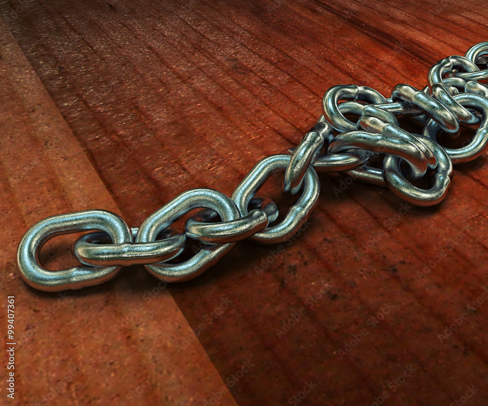 Realistic 3D model of a metal chain on the wooden floor. 3d rend Stock ...
